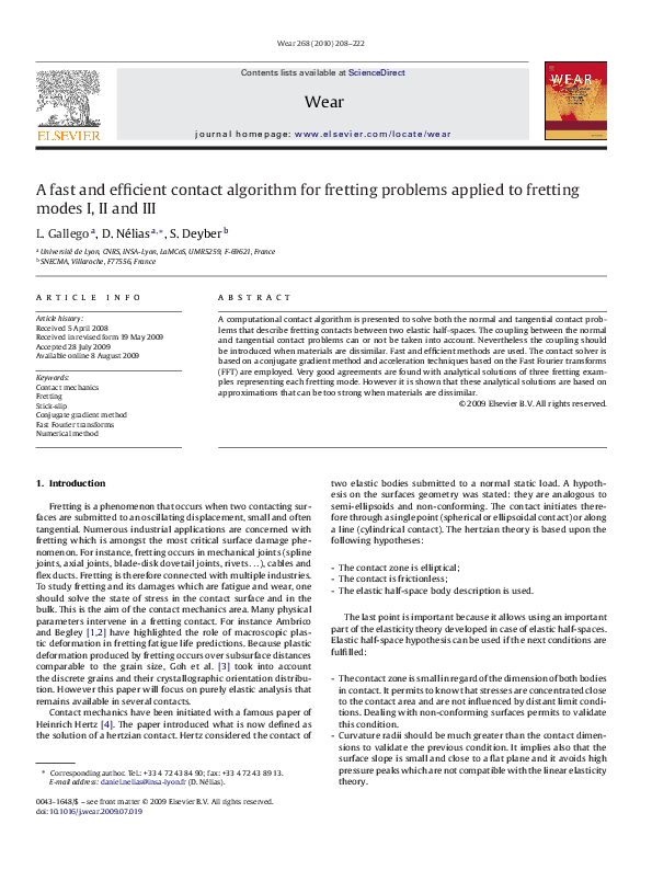 Pdf A Fast And Efficient Contact Algorithm For Fretting Problems
