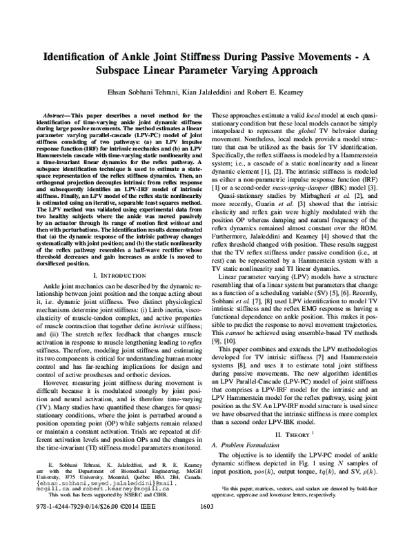 (PDF) Identification of ankle joint stiffness during passive movements - A subspace linear ...