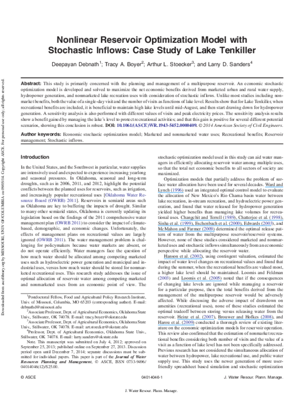 (PDF) Nonlinear reservoir optimization model with stochastic inflows: A case study of Lake Tenkiller
