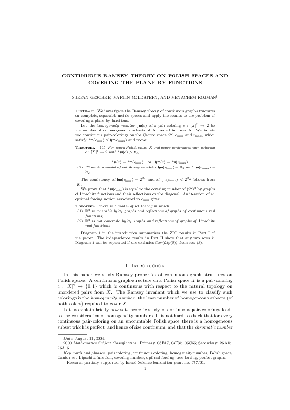 (PDF) Continuous Ramsey theory on Polish spaces and covering the plane by functions