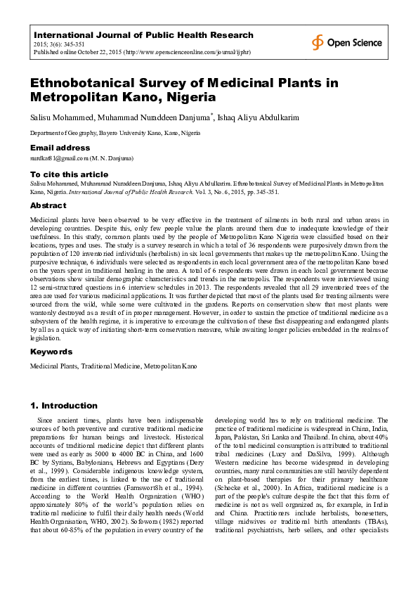 (PDF) Ethnobotanical Survey of Medicinal Plants in Metropolitan Kano, Nigeria