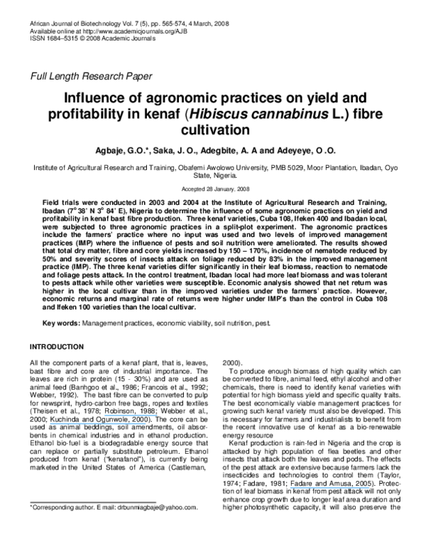 (PDF) Influence of agronomic practices on yield and profitability in kenaf ( Hibiscus cannabinus ...