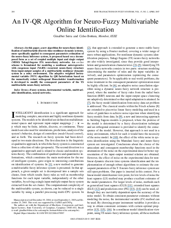 (PDF) An IV-QR Algorithm for Neuro-Fuzzy Multivariable Online Identification