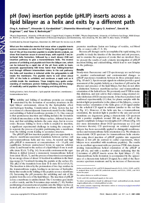 (PDF) pH (low) insertion peptide (pHLIP) inserts across a lipid bilayer ...