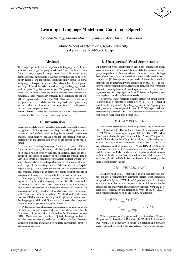 (PDF) Bayesian Learning of a Language Model from Continuous Speech