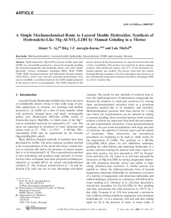 (PDF) A Simple Mechanochemical Route to Layered Double Hydroxides: Synthesis of Hydrotalcite ...