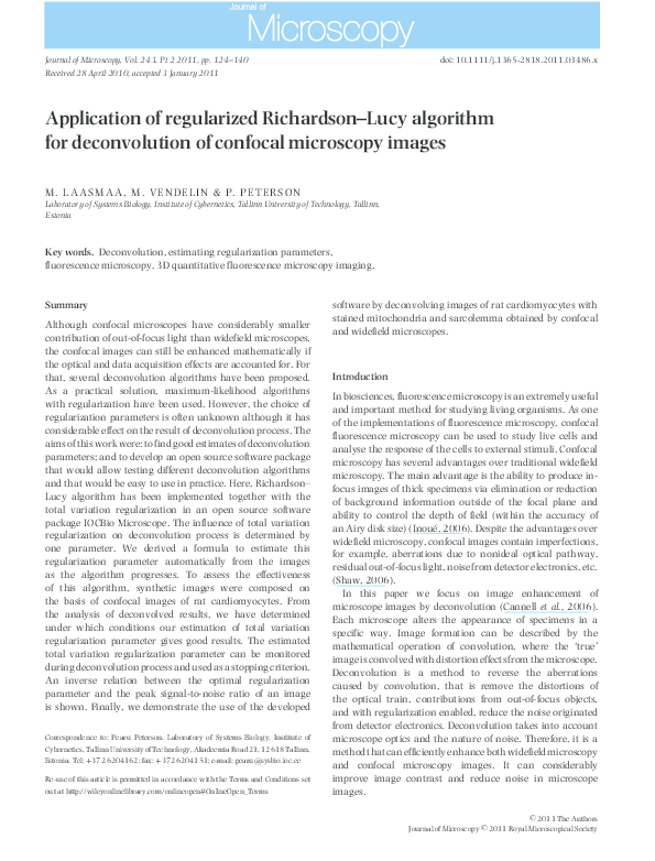 Pdf Application Of Regularized Richardson Lucy Algorithm For Deconvolution Of Confocal