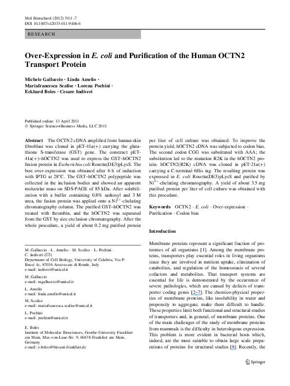 (PDF) Over-Expression in E. coli and Purification of the Human OCTN2 Transport Protein