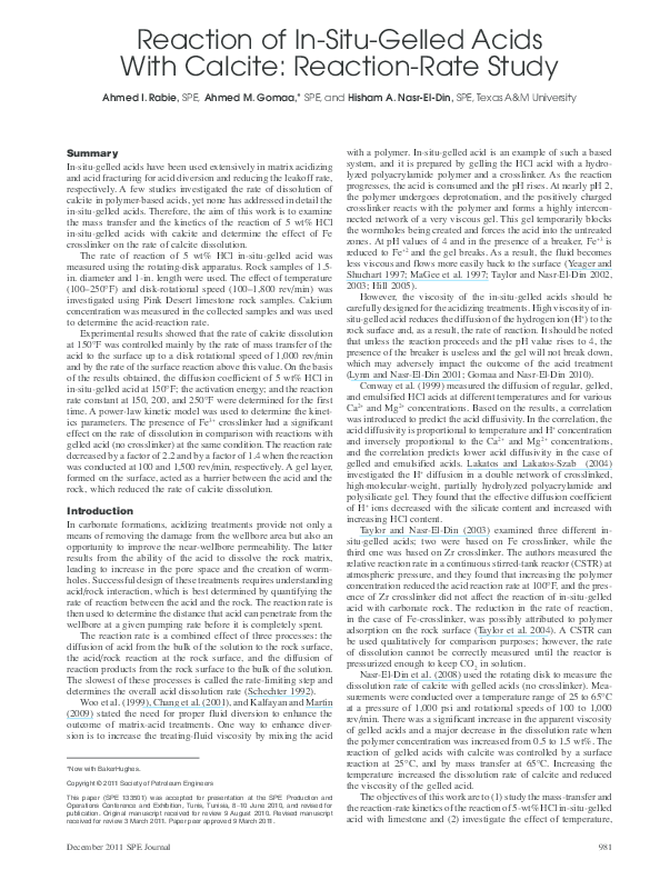(PDF) Reaction of In-Situ-Gelled Acids With Calcite: Reaction-Rate Study