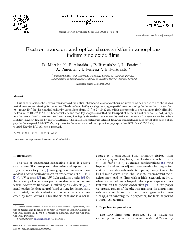 (PDF) Electron transport and optical characteristics in amorphous indium zinc oxide films