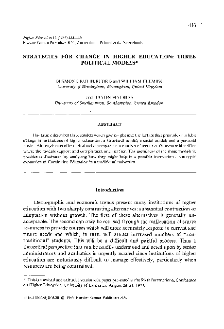 (PDF) Strategies for change in higher education: Three political models