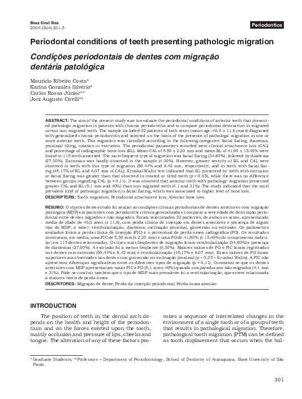 (PDF) Periodontal conditions of teeth presenting pathologic migration