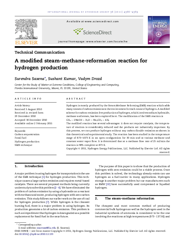 (PDF) A modified steam-methane-reformation reaction for hydrogen production