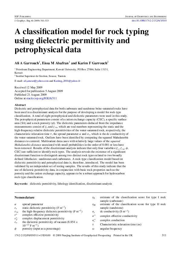(PDF) A classification model for rock typing using dielectric permittivity and petrophysical data