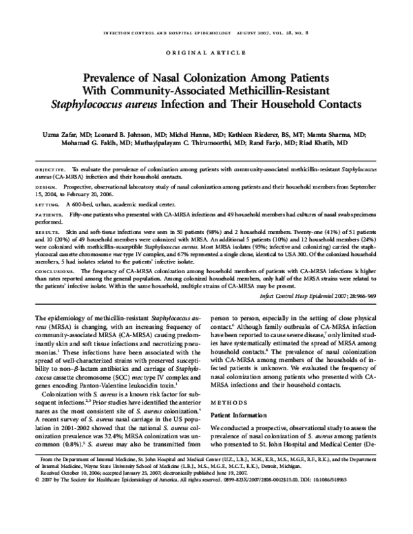 (PDF) Prevalence of Nasal Colonization Among Patients With Community‐Associated Methicillin ...