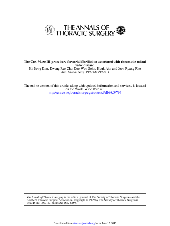 (PDF) The Cox-Maze III procedure for atrial fibrillation associated with rheumatic mitral valve ...