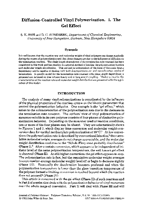 (PDF) Diffusion-controlled vinyl polymerization. I. The gel effect