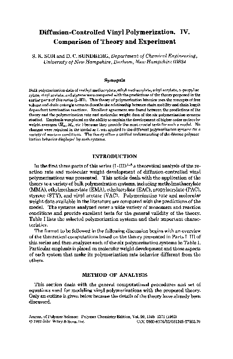 (PDF) Diffusion-controlled vinyl polymerization. IV. Comparison of ...