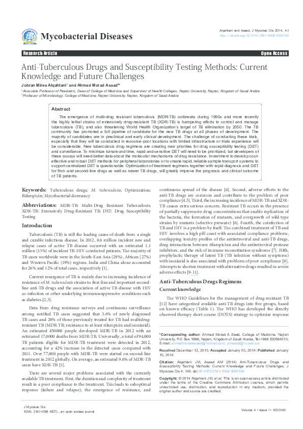 Anti-Tuberculous Drugs and Susceptibility Testing Methods: Current ...