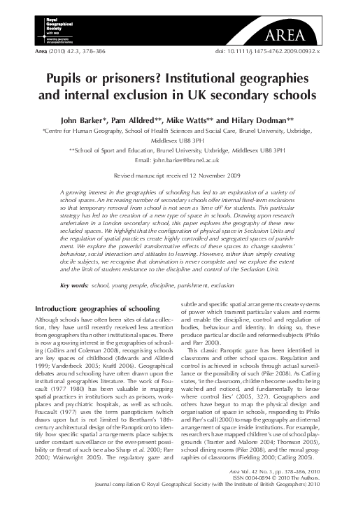 (PDF) Pupils or prisoners? Institutional geographies and internal ...