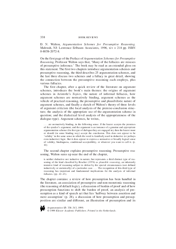 Pdf D N Walton Argumentation Schemes For Presumptive Reasoning