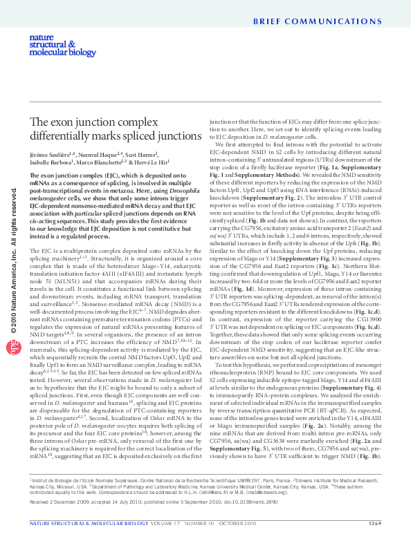 (PDF) The exon junction complex differentially marks spliced junctions