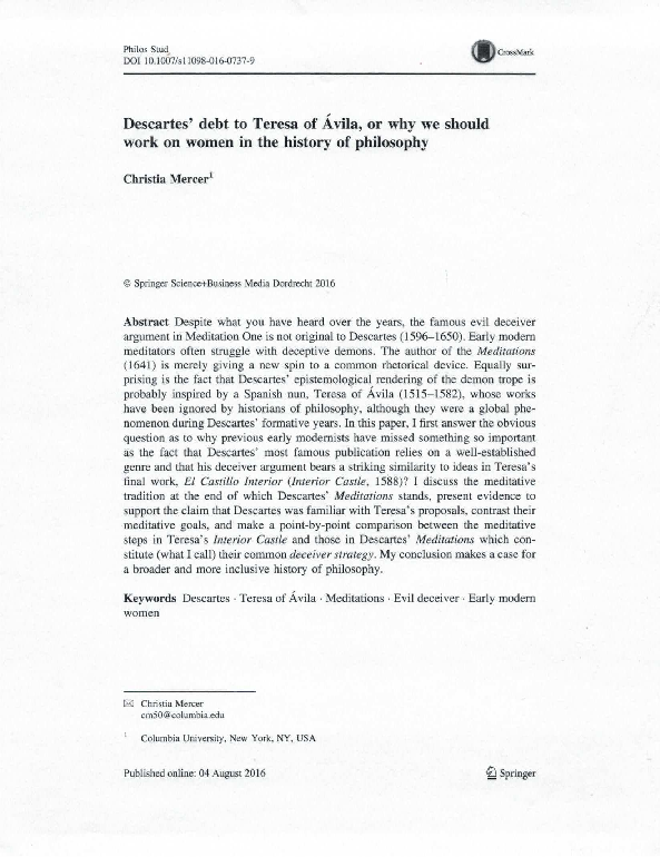 (PDF) Descartes’ Debt to Teresa of Ávila, Or Why We Should Work on ...
