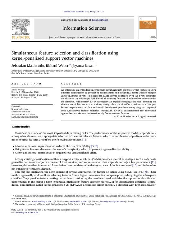Pdf Simultaneous Feature Selection And Classification Using Kernel Penalized Support Vector