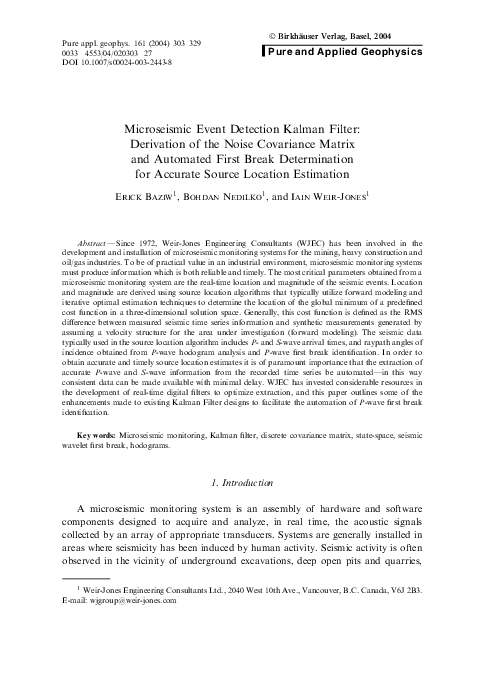 (PDF) Microseismic Event Detection Kalman Filter: Derivation of the Noise Covariance Matrix and ...