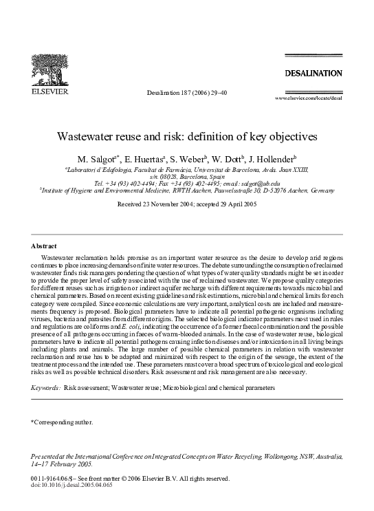 (PDF) Wastewater reuse and risk: definition of key objectives