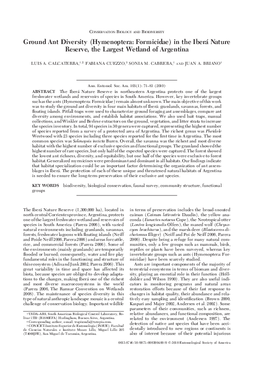 (PDF) Ground Ant Diversity (Hymenoptera: Formicidae) in the Iberá Nature Reserve, the Largest ...