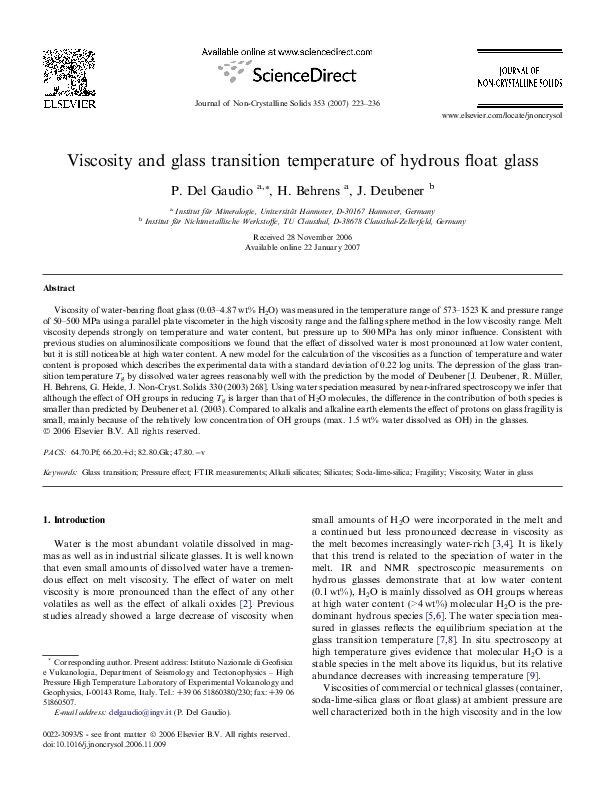 (PDF) Viscosity and glass transition temperature of hydrous melts in ...