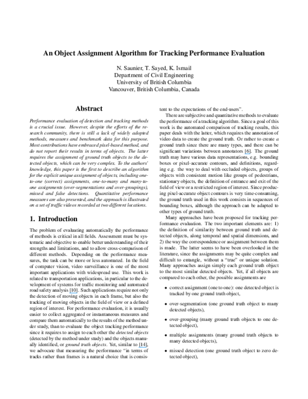 Pdf An Object Assignment Algorithm For Tracking Performance Evaluation 0310