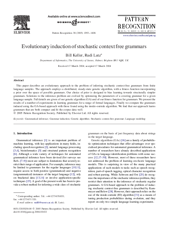 (PDF) Evolutionary induction of stochastic context free grammars | Bill Keller - Academia.edu