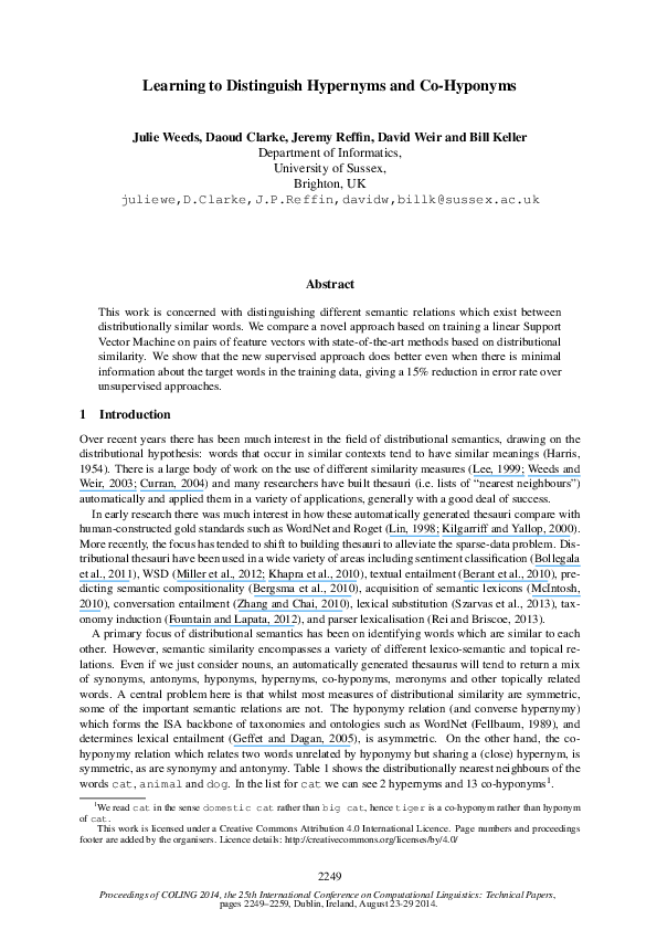 (PDF) Learning to distinguish hypernyms and co-hyponyms