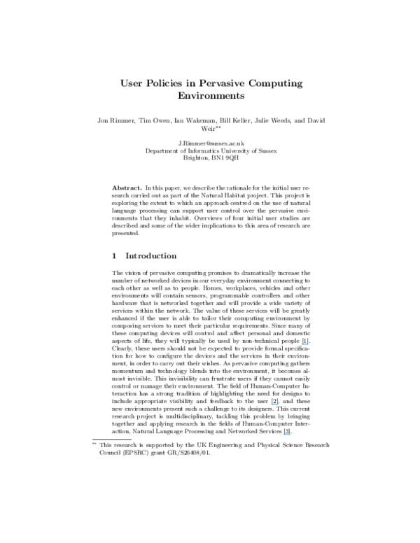 (PDF) User Policies in Pervasive Computing Environments