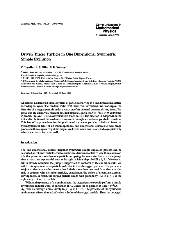 (PDF) Driven Tracer Particle in One Dimensional Symmetric Simple Exclusion