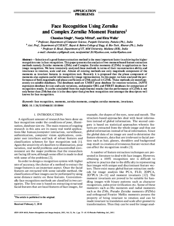 Pdf Face Recognition Using Zernike And Complex Zernike Moment Features