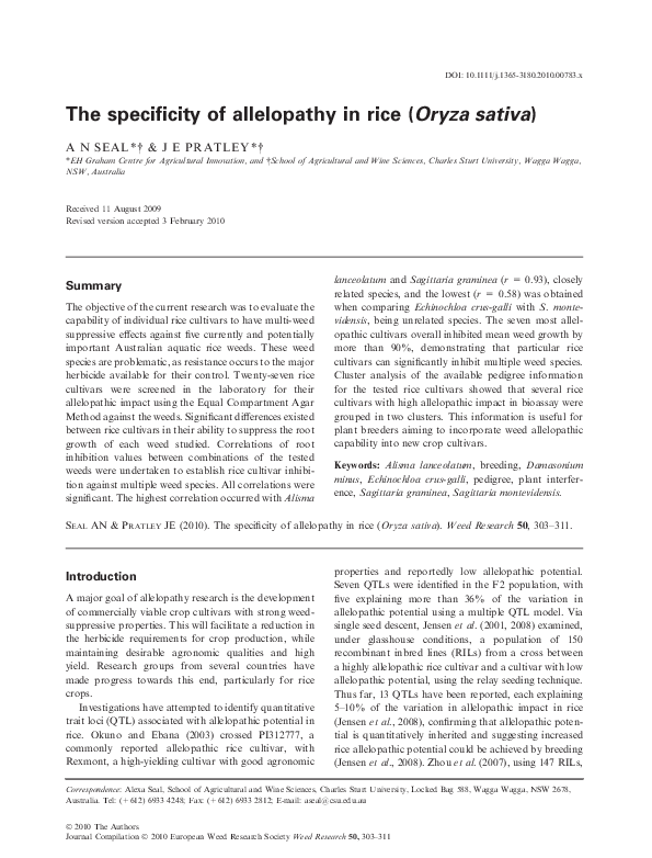 (PDF) The specificity of allelopathy in rice ( Oryza sativa )