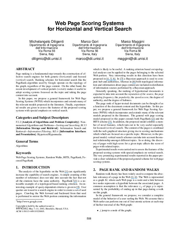 (PDF) Web page scoring systems for horizontal and vertical search