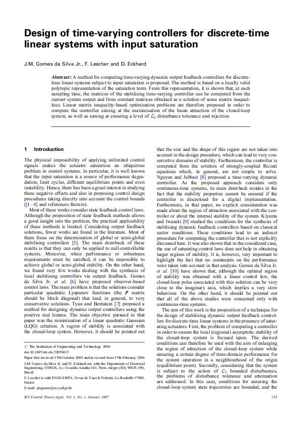 (PDF) Design of time-varying controllers for discrete-time linear systems with input saturation