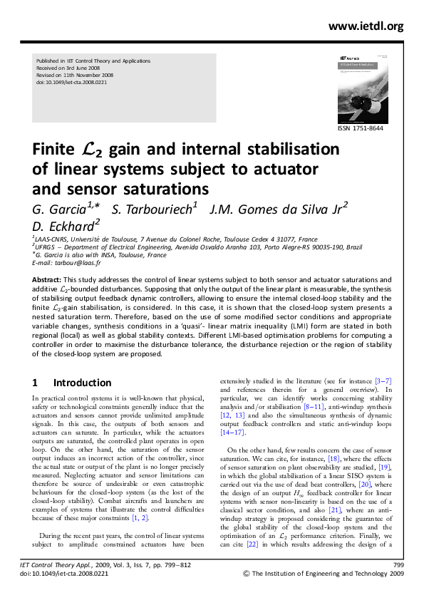(PDF) Finite L2 gain and internal stabilisation of linear systems subject to actuator and sensor ...