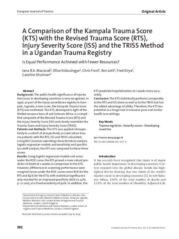 (PDF) A Comparison of the Kampala TraumaScore (KTS) with the Revised ...