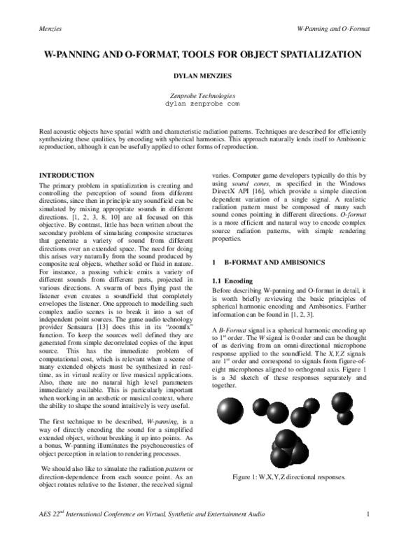 (PDF) W-PANNING AND O-FORMAT, TOOLS FOR OBJECT SPATIALIZATION