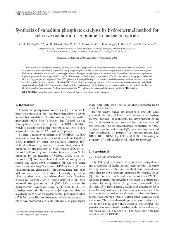 (PDF) Synthesis of Vanadium Phosphate Catalysts by Hydrothermal Method ...