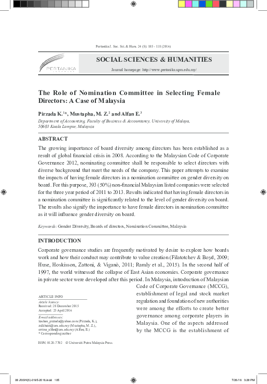 (PDF) The Role of Nomination Committee in Selecting Female Directors: A ...