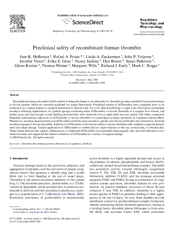 (PDF) Preclinical safety of recombinant human thrombin