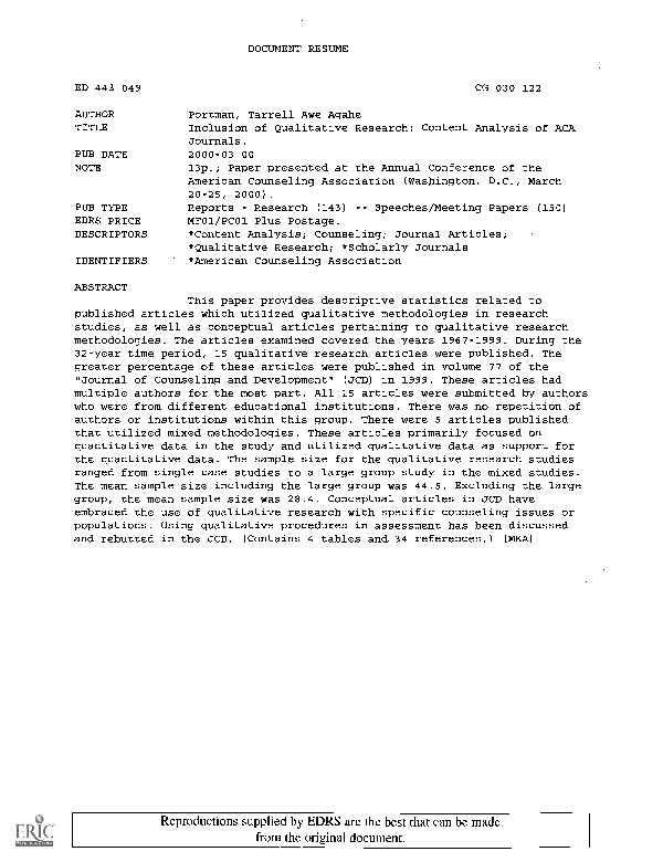 (PDF) Inclusion of Qualitative Research: Content Analysis of ACA Journals
