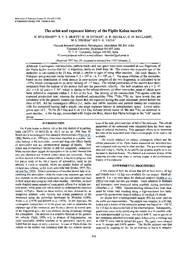 (PDF) The orbit and exposure history of the Piplia Kalan eucrite