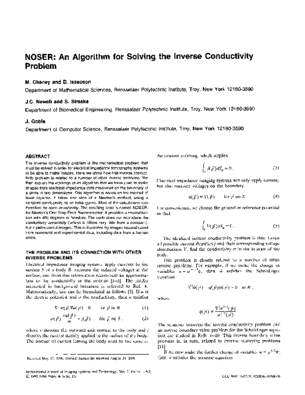 (PDF) NOSER: An algorithm for solving the inverse conductivity problem